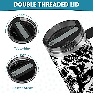 Flradish 30oz Tumbler with Handle, White Black Leopard Portrait Stainless Steel Tumbler with Lid and Straws Double Wall Vacuum Insulated Leakproof Coffee Travel Mug