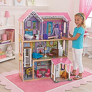 KidKraft Wooden Sweet & Pretty Dollhouse with Elevator and 15-Piece Accessories, for 12-Inch Dolls, Large 3-Story House, Gift for Ages 3+