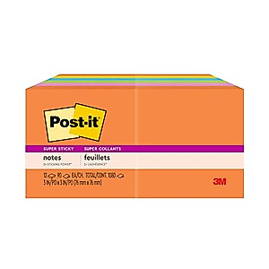Post-it Super Sticky Notes, 3x3 in, 2x the Sticking Power, Assorted Bright Colors, Recyclable (pack of 12)