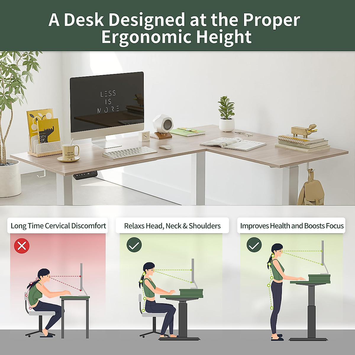 FEZIBO Triple Motor L-Shaped Electric Standing Desk, Height Adjustable Stand up Corner Desk, 63 Inches Sit Stand Workstation with Splice Board, White Frame/Light Walnut Top