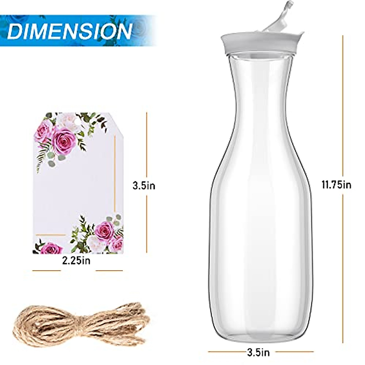 4 Pack Clear Plastic Water Carafes 50 Oz Beverage Pitcher Carafe with Flip top Lids and 16.4 Ft Rope 30 pieces Paper Cards for Tea Juice Water iced Coffee, Narrow Neck Design