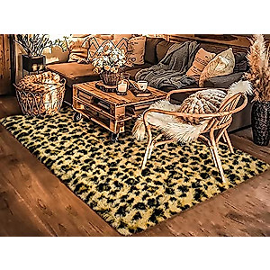 HOMORE Premium Leopard Fluffy Rugs, Leopard Print Rug for Living Room Bedroom,Soft Cheetah Print Rug for Kids Children Room, Faux Animal Printed Carpet for Western Decor,5x8 Feet Black and Khaki