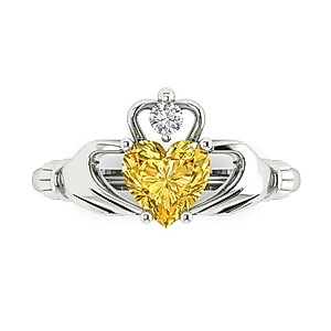 1.55ct Heart Cut Irish Celtic Claddagh Natural Yellow Citrine Engagement Promise Anniversary Bridal Ring 18K White Gold 5.25