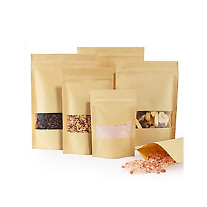 FireKylin 100 Pcs Kraft Paper Bags with Window, 4.7" x 7.9" Stand Up Pouches Bags, Zip Lock Food Storage Bags for Packaging Products, Reusable, Sealable