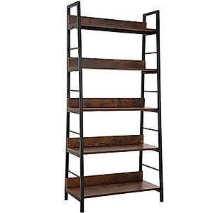Himimi Industrial Bookshelf,Ladder Shelf 5 Tier Large Bookcases Floor Freestanding Storage Rack Leaning Book Shelves,Plants Flower Stands with Metal Frame for Living Room, Home Office, Rustic Brown