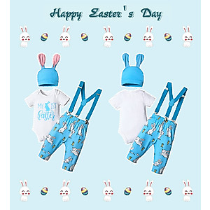 AGAPENG Baby Boy Easter Outfit Easter Outfit Baby Boy My First Easter Baby Boy Outfit Baby Boy Easter Outfit 0-3 Month Infant Short Sleeve Romper Bunny Suspender Pants Rabbit Ears Hat Blue
