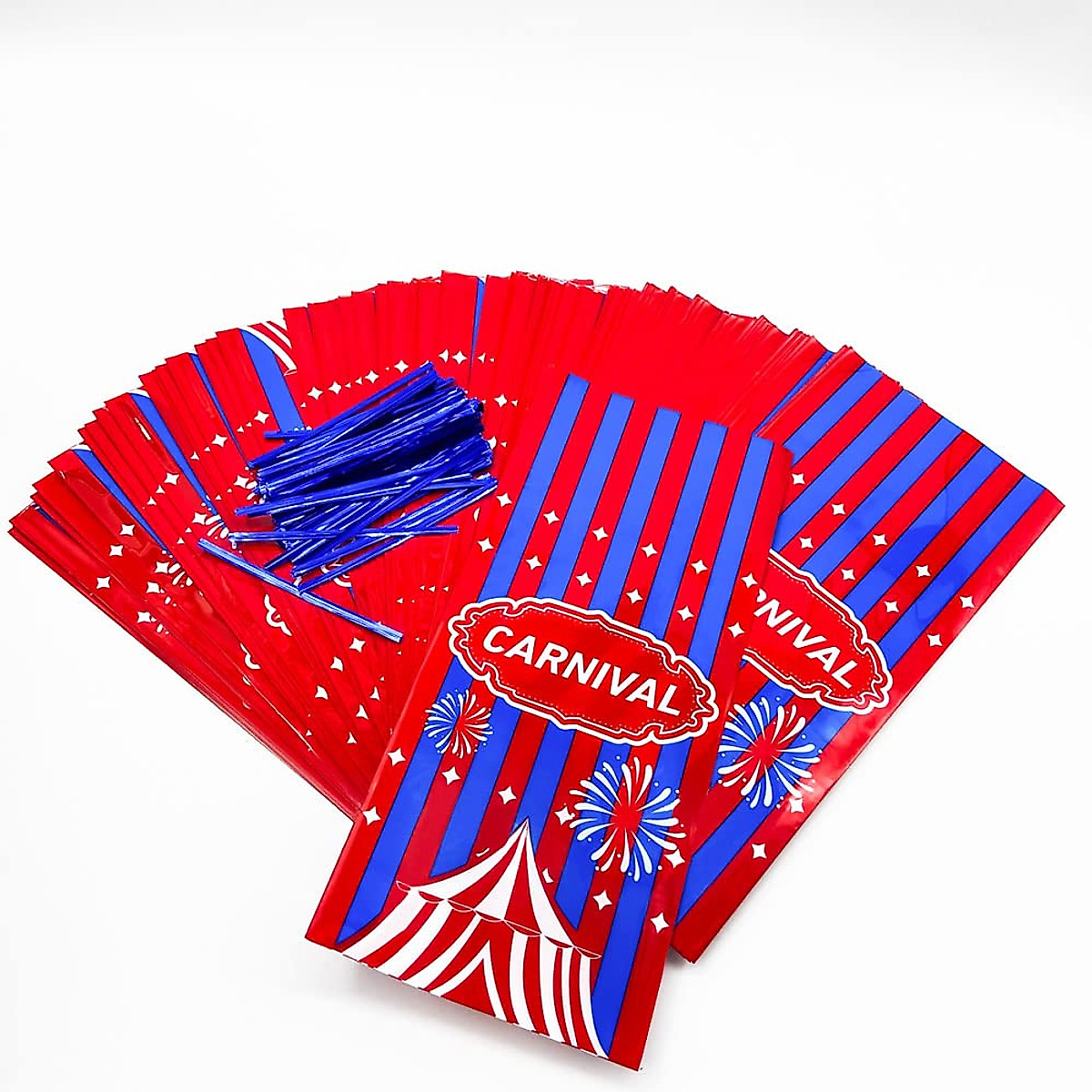 Jayomoli Carnival Circus Holiday Plastic Bags, 100pcs Cellophane Treat Bags Popcorn Bag, Candy Cookie Wrapping with Twist Ties for Party Favors Supply