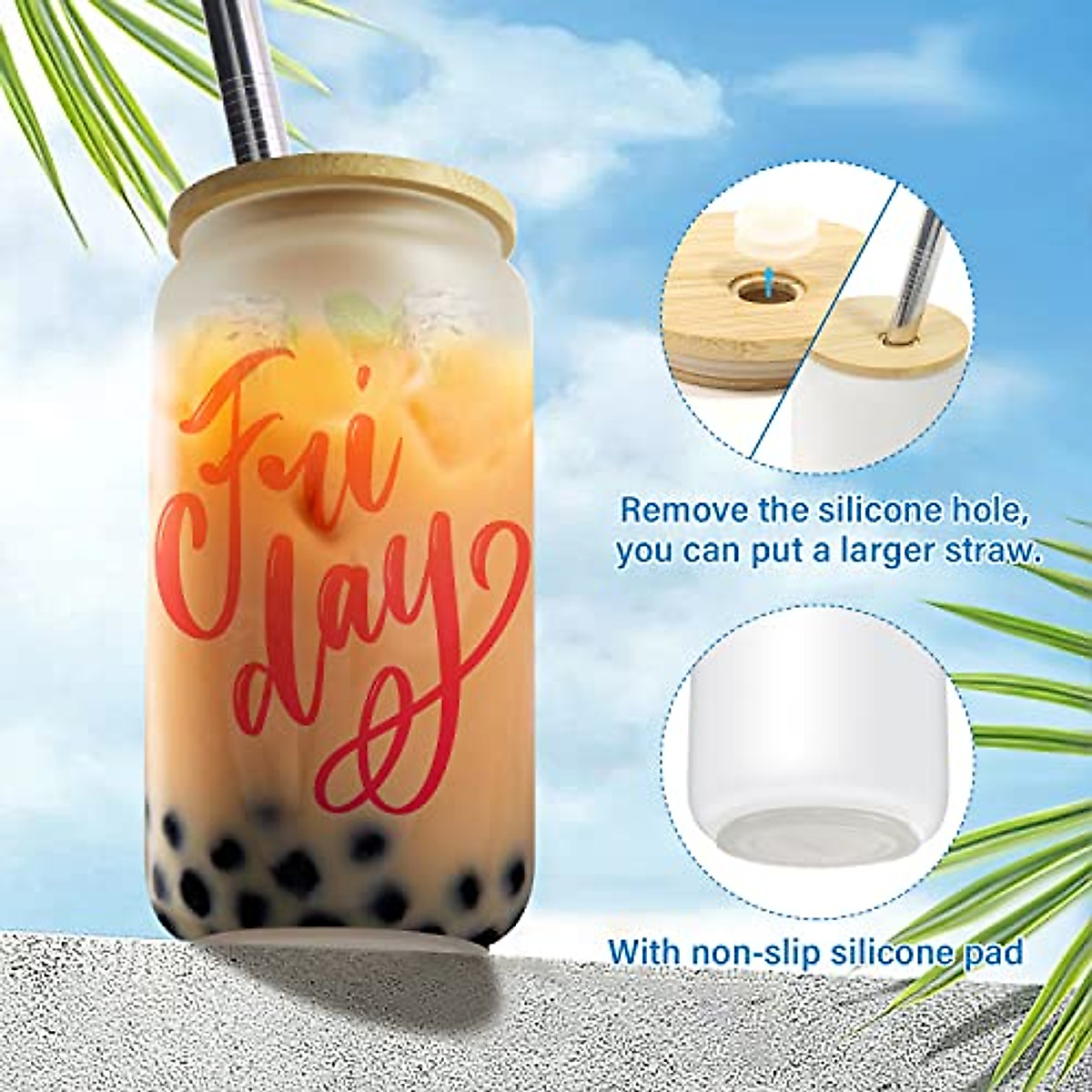 Realkant Sublimation Glass Blanks, 16 OZ Sublimation Glass Mason Jar with Bamboo Lids and Straws for Tumbler Press, Glass Cups Mugs Tumblers Beer Can for Iced Coffee Juice Soda Drinks (6 Set/Frosted)