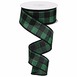 Craig Bachman 1.5" Printed Plaid Check Ribbon: Emerald Green (10 Yards) Green Black Wired Ribbon RG0180506