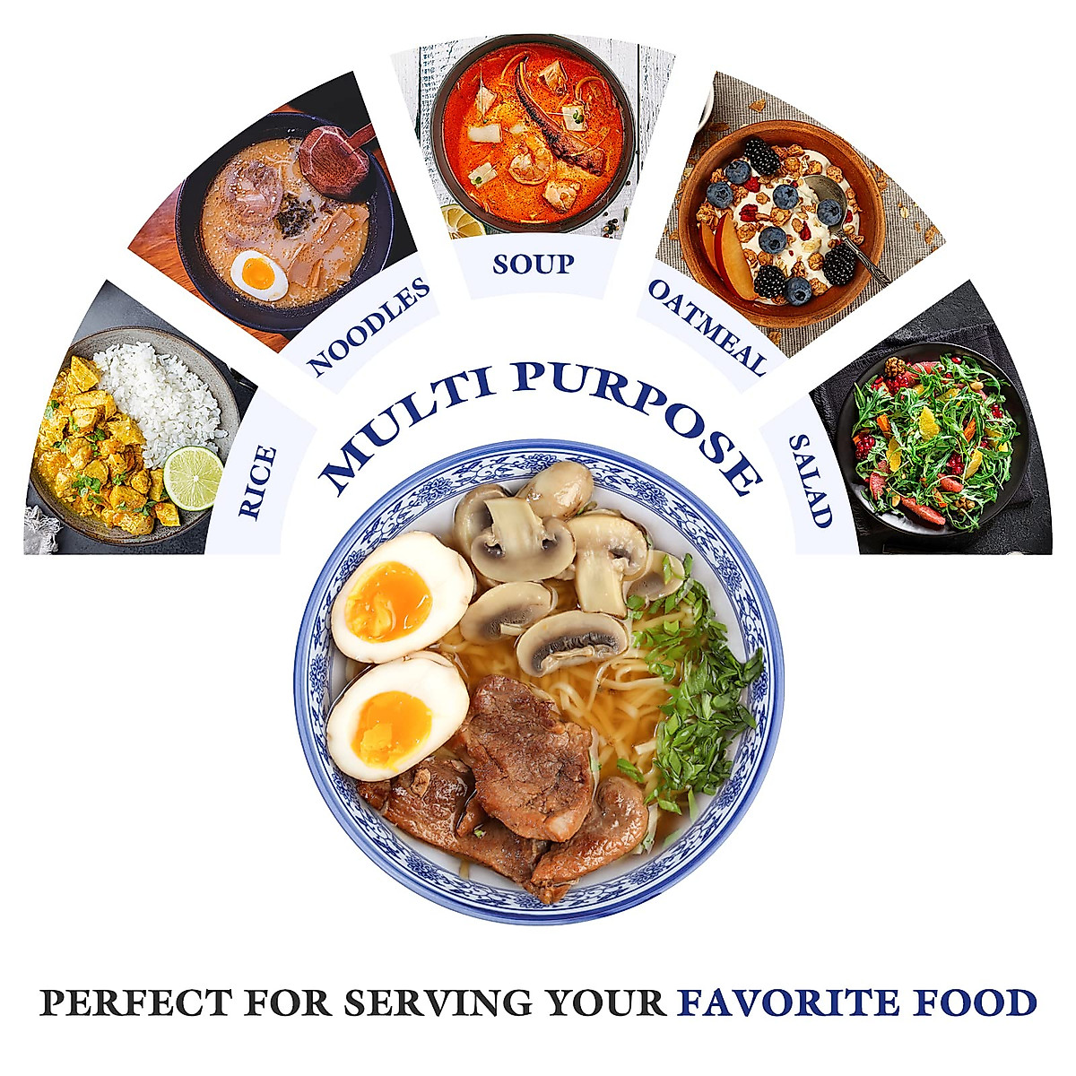 Kichvoe 6.8 * 2.6Inch Blue And White Porcelain Bowls Ceramic Asian Noodle Bowls Soup Bowls Chinese Rice Bowl For Home Restaurant