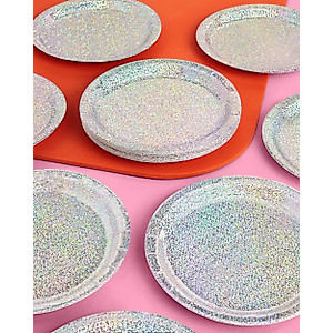 xo, Fetti Holographic Foil Plates - 25 pack | Happy Birthday Party Decorations, Holiday Party, Cool Cake Plates, Silver Bachelorette Disposable Party Plates