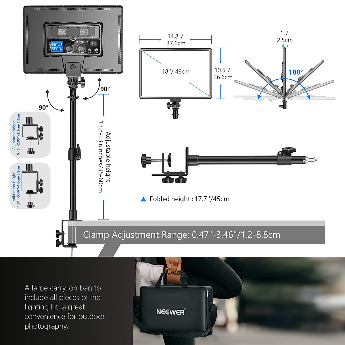 Neewer Desk Mount LED Video Light with C-clamp Stand and 2.4G Remote Kit: Dimmable Bi-Color 18" LED Panel 3200K-5600K 45W 4800Lux CRI 97+ Light for Photography YouTube Game Video Shooting Live Stream