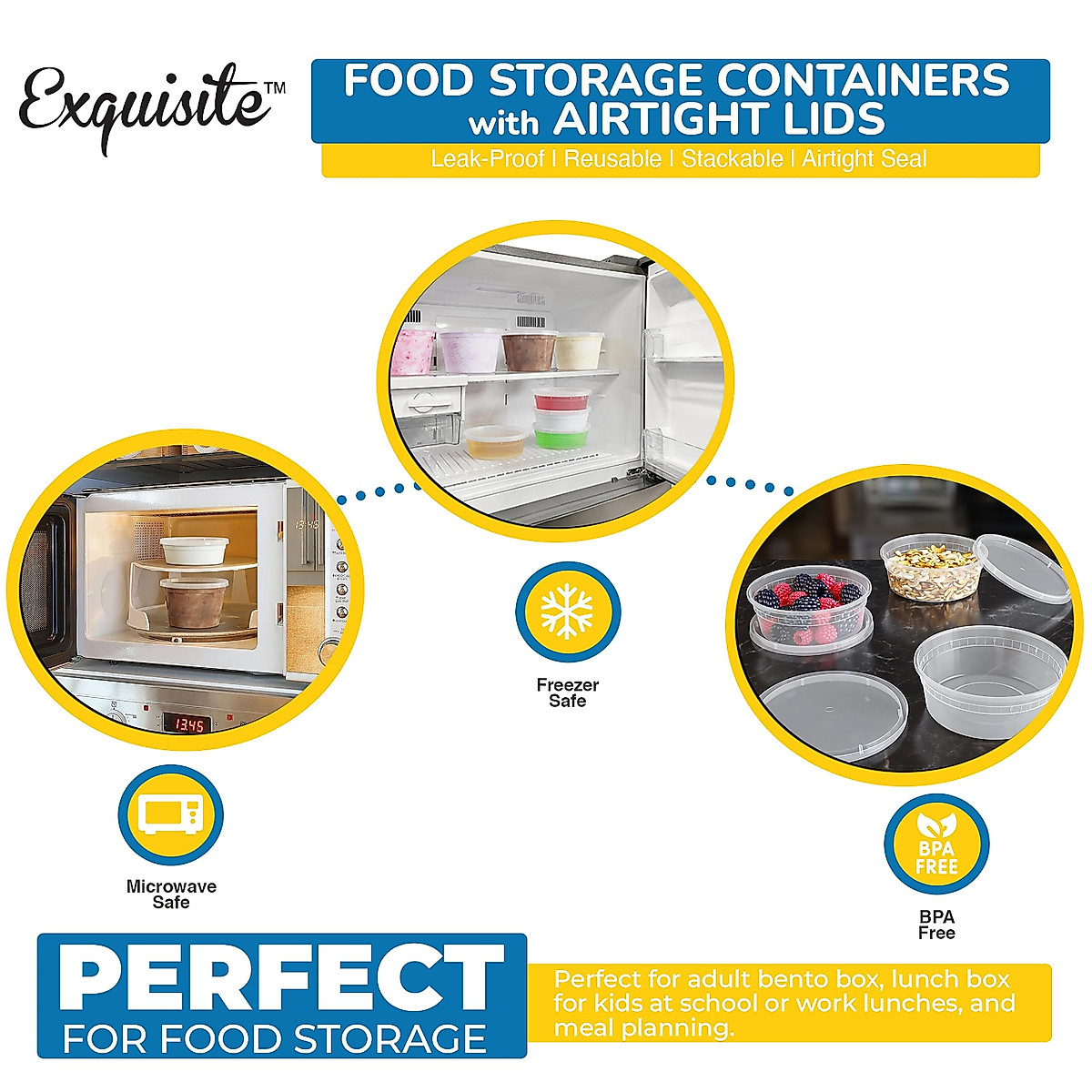 Exquisite Disposable 8 oz Plastic Containers With Lids - 48 Pack - Leak Resistant, Stackable, Microwave & Freezer Safe - Clear Rectangular Deli Containers