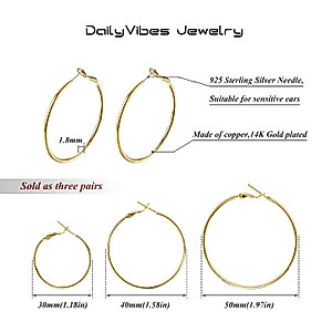 Big Gold Hoop Earrings for Women Hypoallergenic 925 Sterling Silver Post Thin Loop 14K Gold Plated Hoop Earrings Set for Women, 3 Pairs (14K Gold 30mm,40mm,50mm)