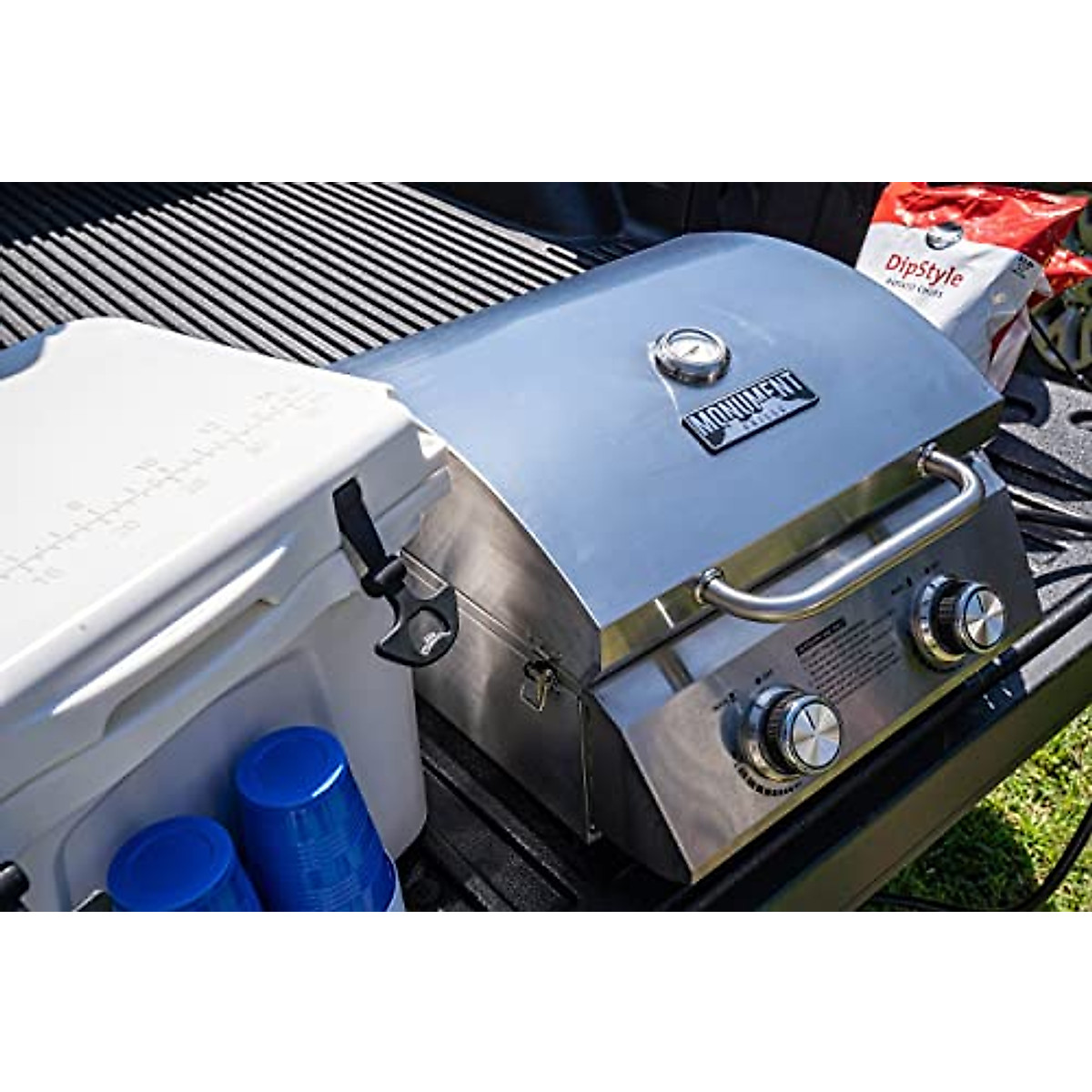 Monument Grills Tabletop Propane Gas Grill for Outdoor Portable Camping Cooking with Travel Locks, Stainless Steel High Lid, and Built in Thermometer