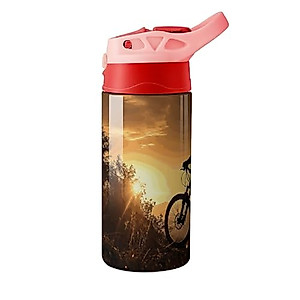 Stainless Steel Water Bottles Mountain Bike in The Evening Travel Water Cups with Handle And Silicone Straw Drinking Cup with Leak Proof Lid Thermo Travel Mug for Women Men