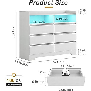 CIPACHO White Dresser for Bedroom,Modern 6 Drawer Dresser with LED Light and Open Shelf,Wide Storage Chest of Drawers,Bedroom Storage Furniture