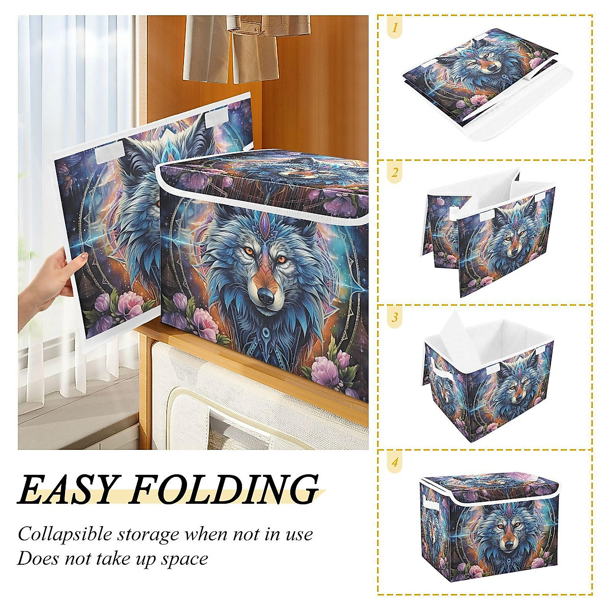ZRWLUCKY Alchemy Occult Wolf Totem Storage Bins with Lids and Handle Collapsible Decorative Storage Box for Playroom, Office, Kids, Boys, Girls, Adults, Puppies