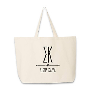 Greek Letters and Stylized Sigma Kappa Printed with Heart Design - Large Canvas Tote Bag for Women - Tote Bags for Sorority