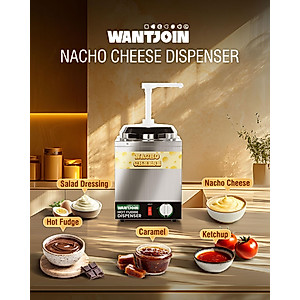 WantJoin Nacho Cheese Dispenser with Pump,2.8Qt Nacho Cheese Warmer,Stainless Steel Hot Fudge Warmer W/5-Level Temperature Adjustment,Commercial Hot Fudge Dispenser for Hot Fudge Cheese Caramel