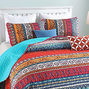 WONGS BEDDING Bohemian Quilt Set California King, Boho Striped Pattern Printed Quilt Coverlet for All Season, Soft Microfiber Boho Bedspread Set 96"x106"(3 Pieces, Blue)
