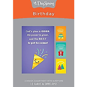 DaySpring - God’s Plan is Good – Birthday – 4 Design Assortment with Scripture – 12 Happy Birthday Cards & Envelopes (J9174)