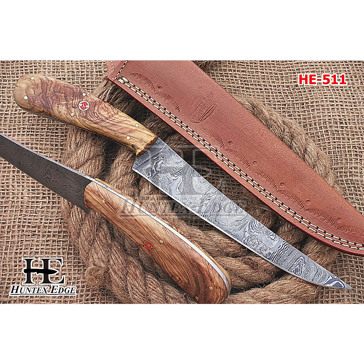HUNTEX Handmade Hand-Forged Twist Pattern Damascus Steel 11.5 Inch Long Full Tang Olive Wood Handle Razor Sharp Hunting Camping Fillet Knife w/Genuine Leather Pouch