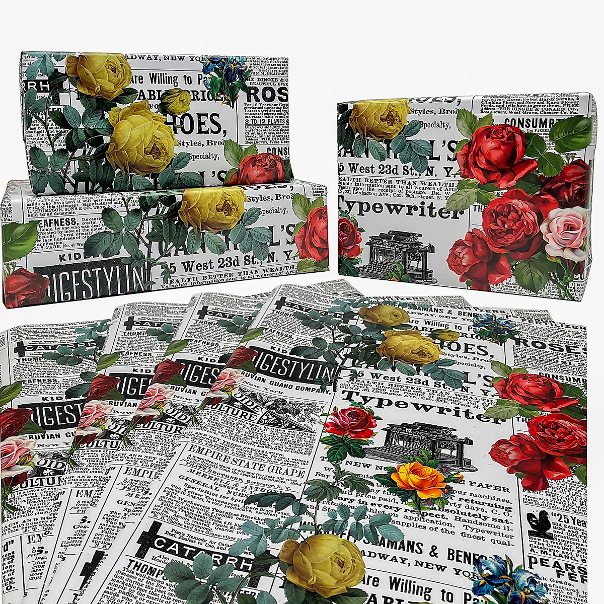 Dtiafu Vintage Newspaper Wrapping Paper Retro Floral Gift Wrap Paper - Rustic Wrapping Paper for Christmas Wedding Holiday - 20 x 28 Inch Per Sheet （6 Sheet）