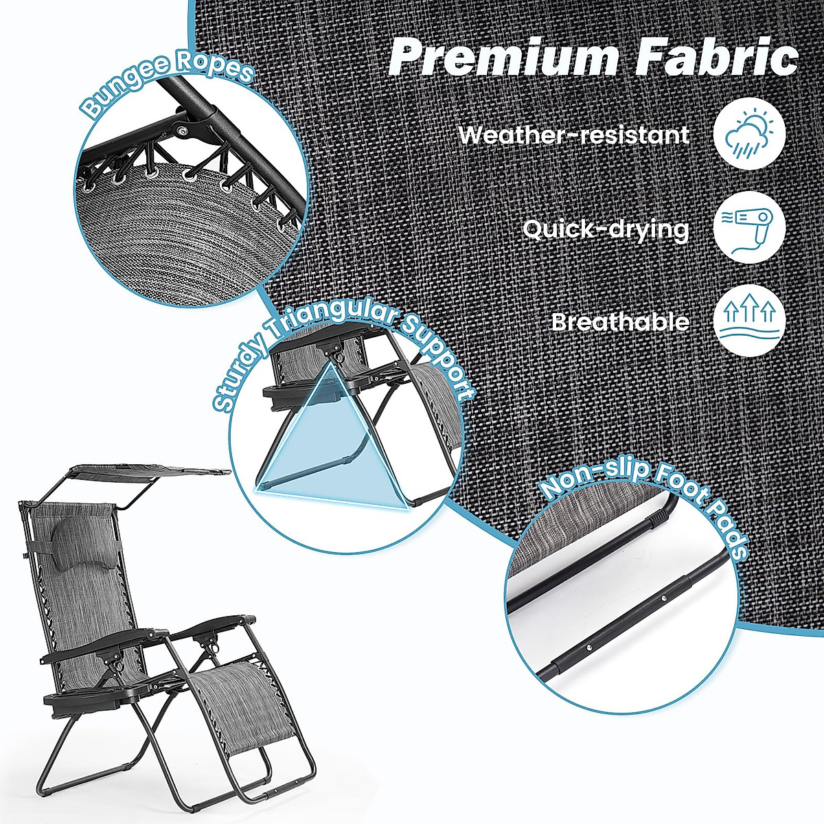 Goplus Zero Gravity Chairs, X-Large Folding Lounge Lawn Chair w/Canopy Shade & Cup Holder, Adjustable Folding Patio Recliner for Pool Porch Deck Oversize (Grey)