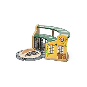 maxim enterprise, inc. Wooden Train Round House Combo with Rotating Turntable, Train Shed to House 5 Engines or Cars, Wooden Train Track Accessories Compatible with Major Brand Railway Sets