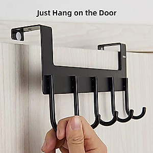 UDENIS Over Door Hanger Heavy-Duty Hook, Hanging Clothes,Coat,Bag,Robe,Towel,Bathroom,Closet,Back of Door Hanger,Sturdy Anti-Rust Lightweight 5-Hooks Aluminum Black