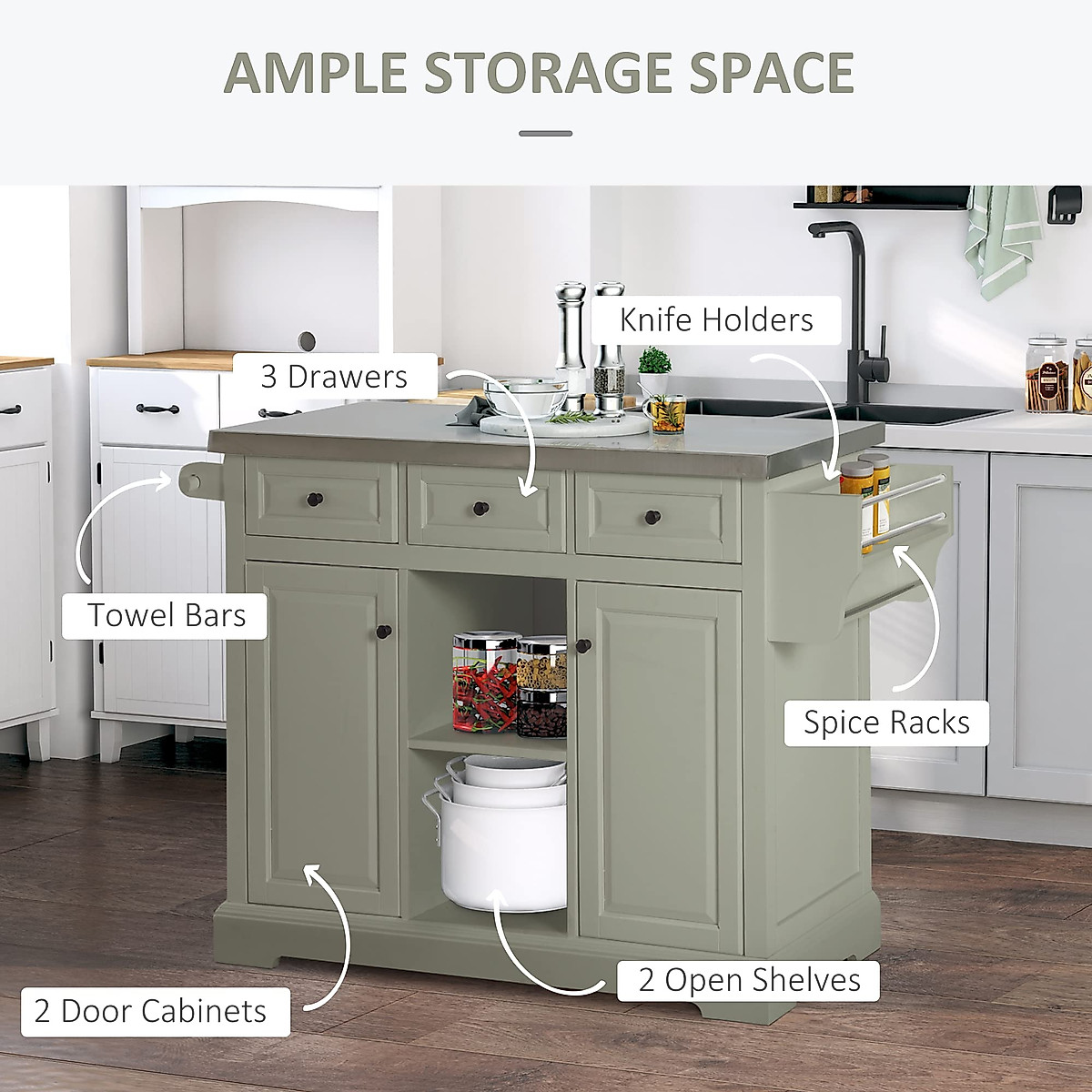 HOMCOM Rolling Kitchen Island with Storage, Kitchen Cart with Stainless Steel Top, Spice Rack & Drawers, Gray