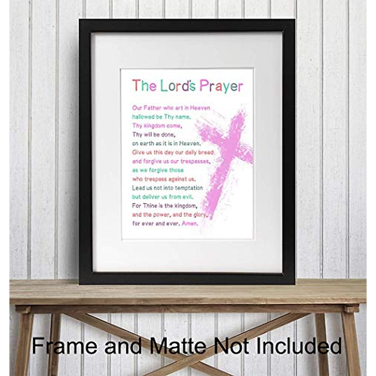 Lords Prayer Bible Verse Wall Art - Religious Scripture Girls Bedroom Decor - Christian Daughter Gifts for Toddler, Baby Girls Room - Blessed Church Sunday School Kids Decorations - Pink Cross Poster