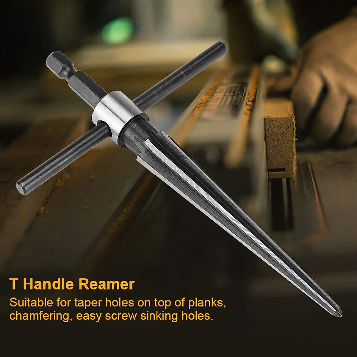 Handheld T Shape Tapered Hex Reamer Bridge Pin Hole Carbon Steel Handle Drilling Tool for Taper Holes on Top of Planks, Chamfering, Screw Sinking Holes