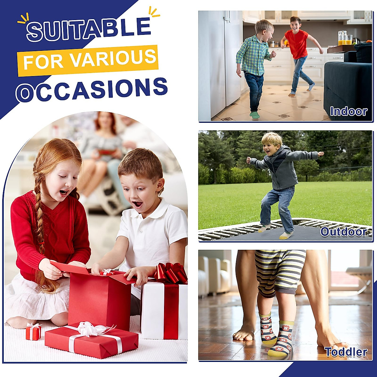 HYCLES Toddler Non-Skid Grips Socks 12 Pairs Baby Kids Sticky Slipper Cotton Crew Socks 1-3 Years Children/Boy/Girl