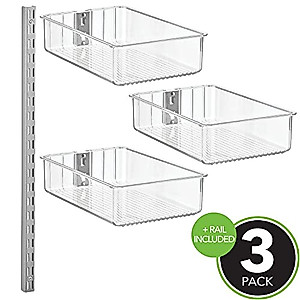 mDesign Plastic Wall Mount Bins with Metal Hanging Bar - Repositionable Bins - for Closet Storage and Organization - Holds Belts, Leggings, Shoes, Purses, Scarfs - Set of 3 - Clear