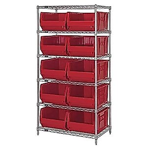 Quantum Storage Systems WR6-974RD 6-Tier Complete Wire Shelving System with 10 QUS974 Red Hulk Bins, Chrome Finish, 30" Width x 36" Length x 74" Height