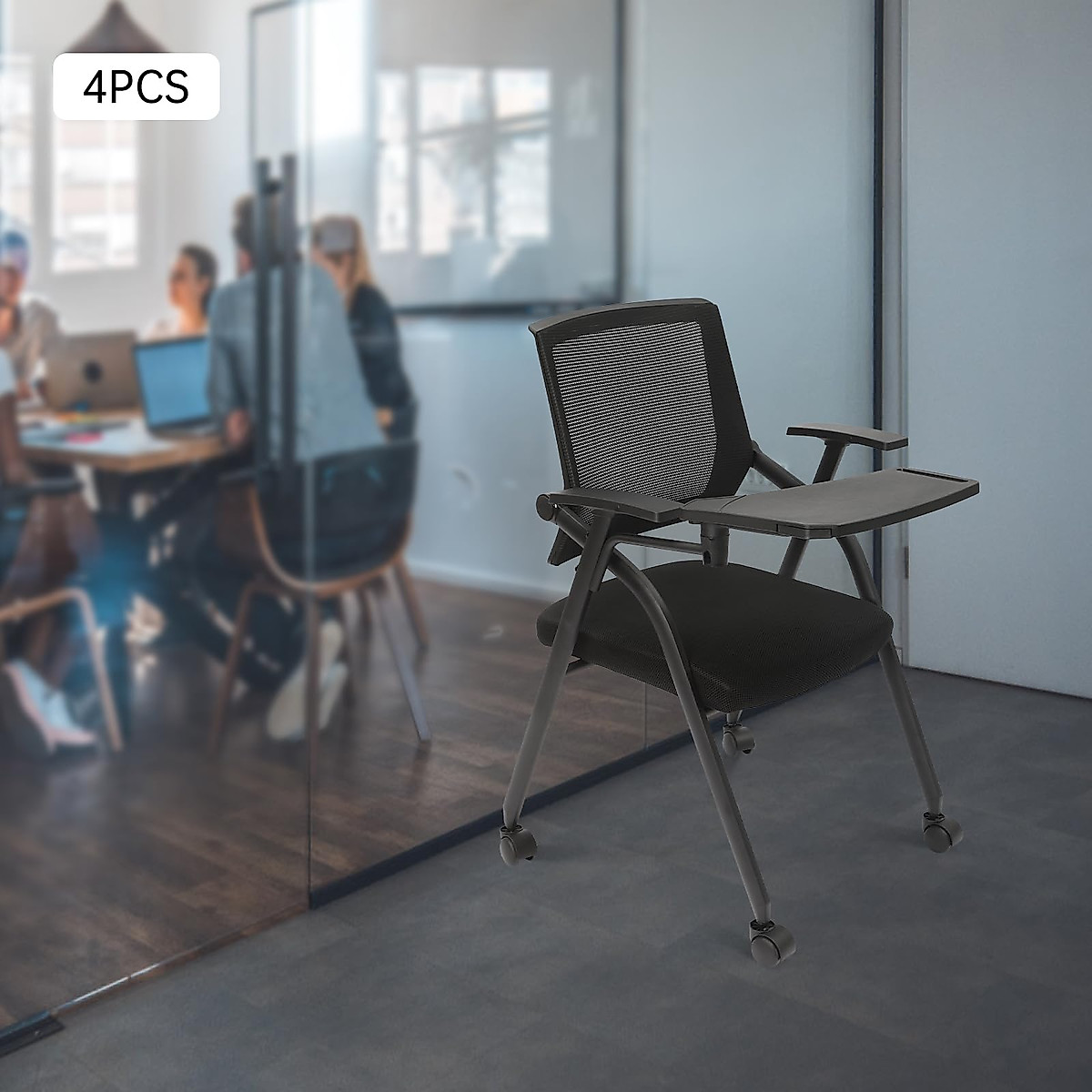 XIANXUS Conference Room Chairs Foldable Desk Chair,Stacking Tablet Arm Chair with Caster Wheels for Office School Classroom Training (with Desktop 4 Pack)