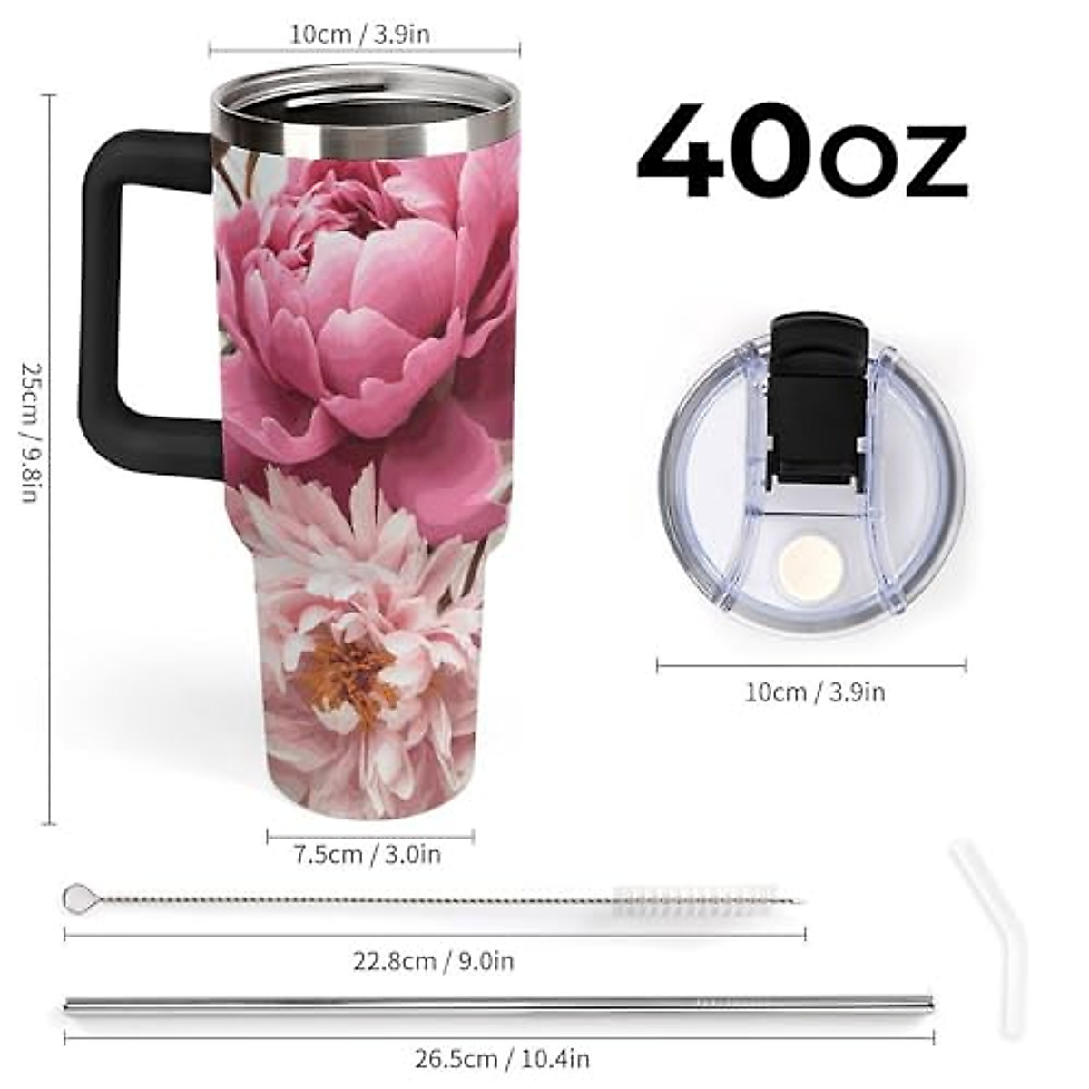 Botanical Floral Insulated Stainless Steel Travel Mug, 40 Oz Tumbler with Handle And Straw Double-Wall Vacuum Coffee Cup, Leak-Proof Lid, Keeps Drinks Hot/Cold for Hours