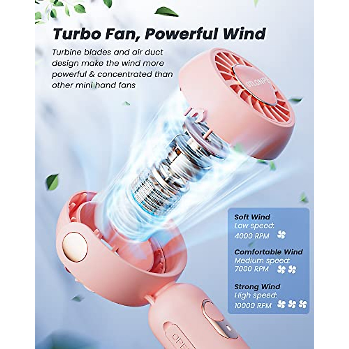 Otlonpe Handheld Fan, Mini Portable Fan[Hand Desk Neck 3 IN 1], Turbo Hand Held Fan 130°Rotatable Rechargeable Personal Fan, Small Hand Fan with 3 Speeds/Base/Lanyard for Travel Outdoor Home Office