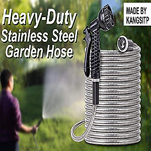 Metal Water Hose 100 ft - Stainless Steel Water Hose with 2 Nozzles, Outdoor Portable, Lightweight, Tangle Free & Kink Free, Heavy Duty, High Pressure, Flexible, Dog Proof