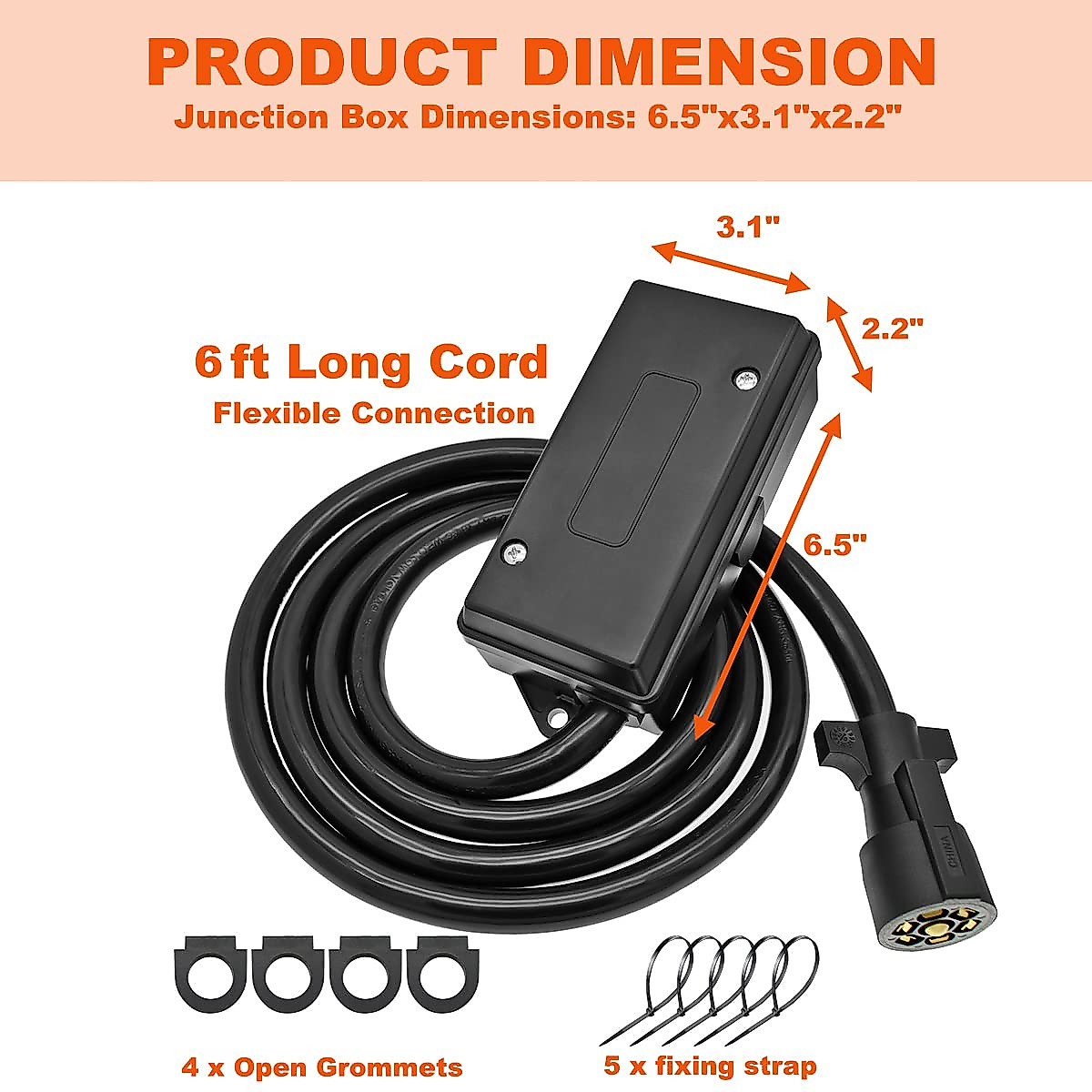 7 Pin Trailer Plug Wiring Harness （6ft）with 7 Gang Waterproof Junction Box, Heavy Duty 7 Way RV Trailer Replacement Wiring Harness Kit