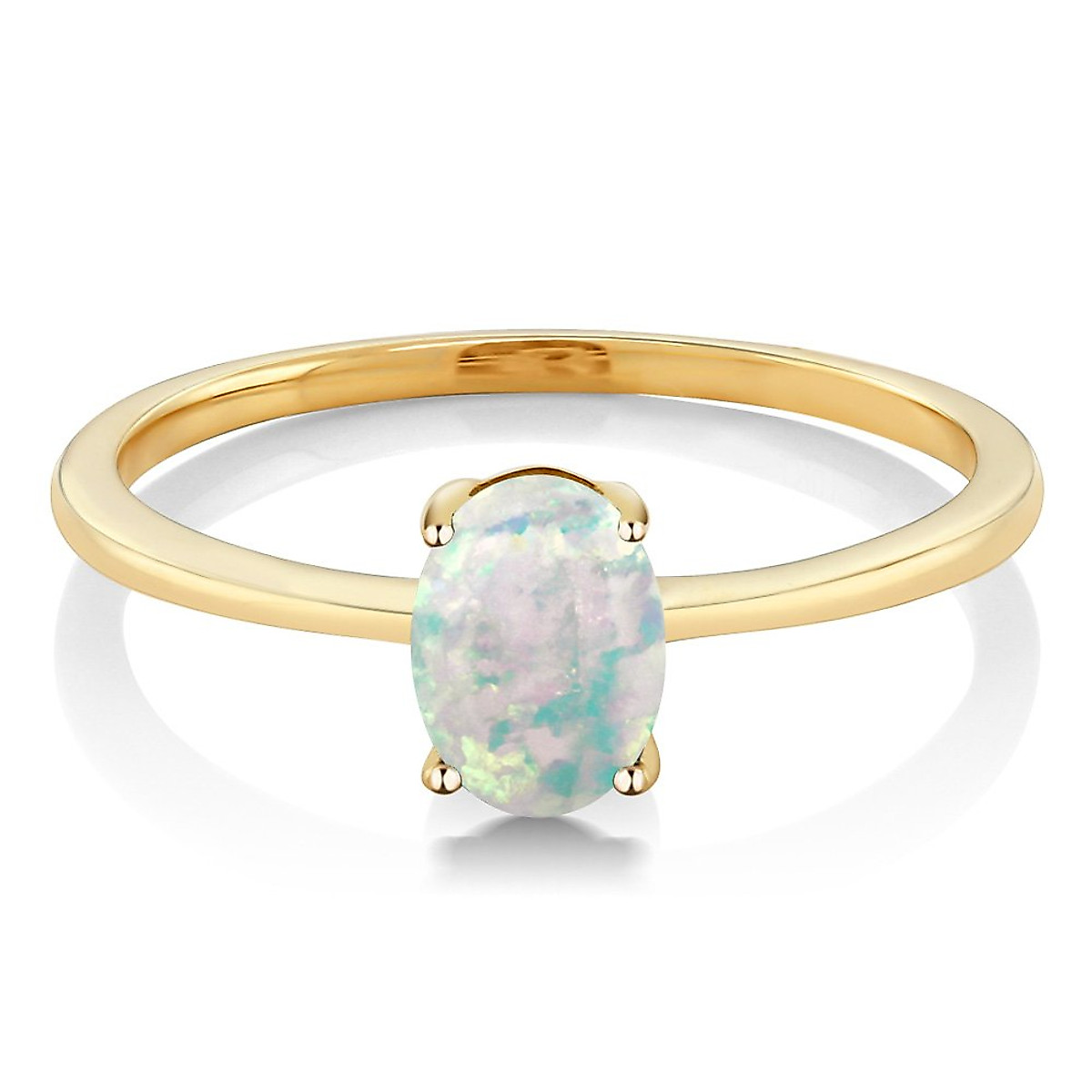 Gem Stone King 10K Yellow Gold White Simulated Opal Solitaire Engagement Ring For Women | 0.63 Cttw | Oval Cabochon 7X5MM | Gemstone October Birthstone | Available in Size 5-10