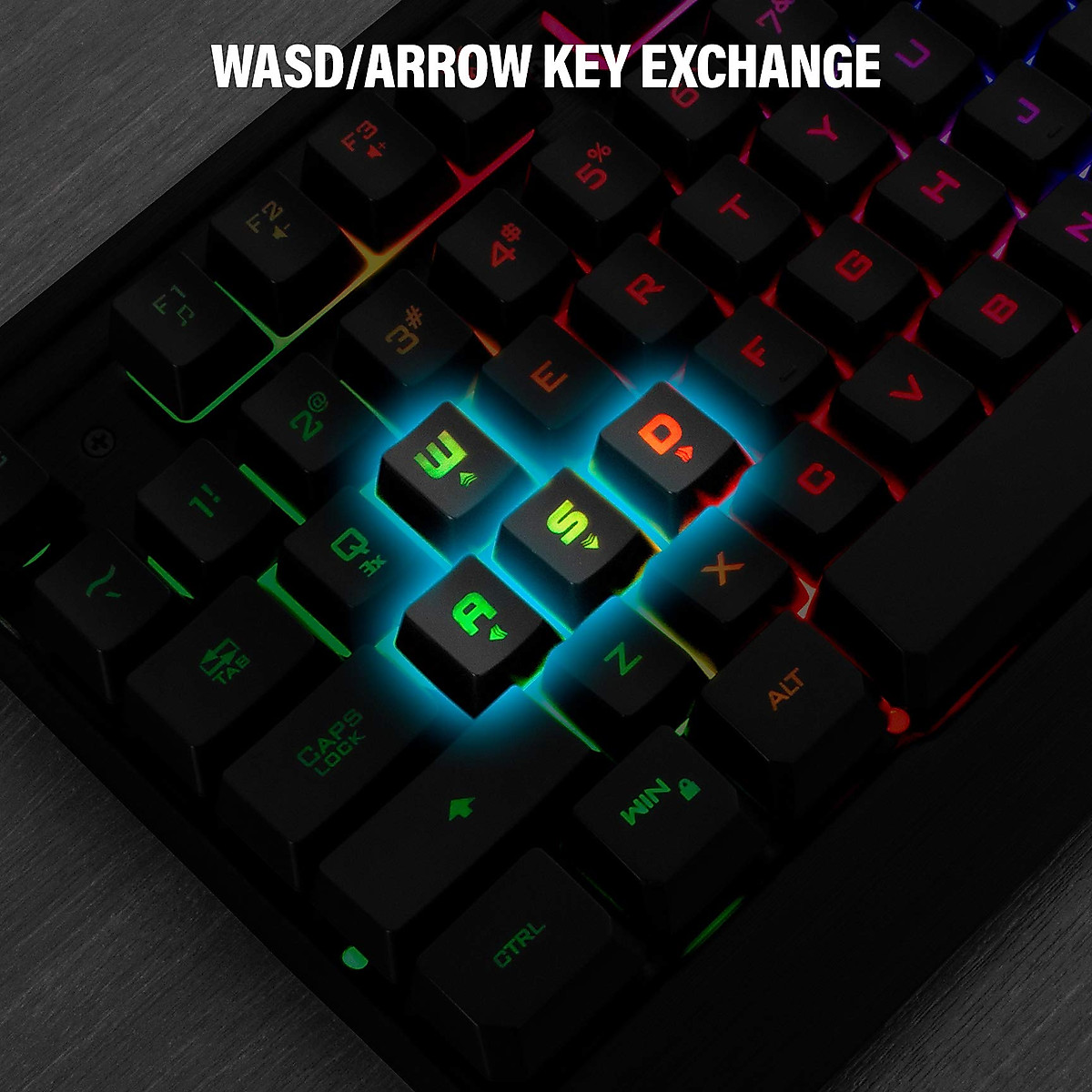 Rosewill NEON K54 Wired Membrane Gaming Keyboard, 9 RGB LED Backlight Effects, 104 Keys, 19-Key Anti-Ghosting, WASD and Arrow Keys Exchange, 8 Multimedia Hotkeys, Slim Profile Floating Keycaps