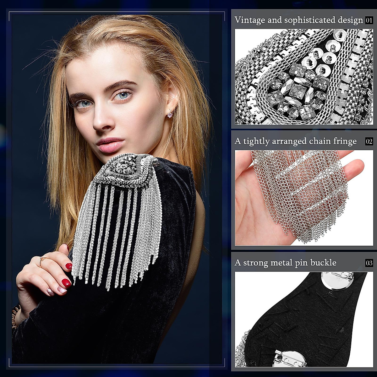 4 Pieces Metal Tassel Link Chain Epaulet Beaded Crystal Shoulder Boards Badge Punk Rivet Shoulder Jewelry Epaulettes Shoulder with Pins for Men and Women Uniform Accessories (Silver)