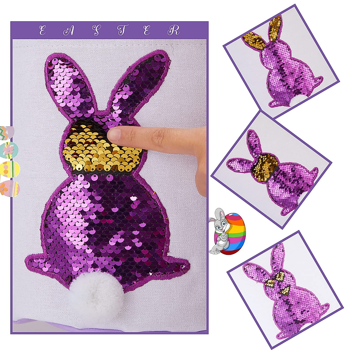 4 Pack Easter Bunny Basket Bags for Kids, Sequins Rabbit Canvas Eggs Hunt Baskets with Fluffy Tails, Tote Bag Candies Gifts Bucket for Easter Party - Blue, Purple, Pink and Green