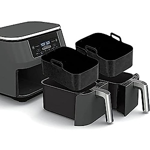 Ferenu 2pcs Air Fryer Silicone Pot for Ninja Foodi Dual DZ201 | Reusable Liner Rectangle Basket 8 QT Easy Cleaning Food Safe Accessories (Black)