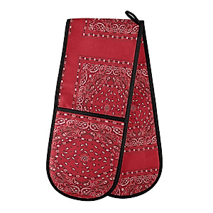 Red Bandana Print Traditional Asian Elements Paisley Floral Flowers Double Oven Mitt Gloves Extra Long Potholder High Heat Resistant for Baking Cooking Baking Grilling Handling Hots Pans 35"x7"