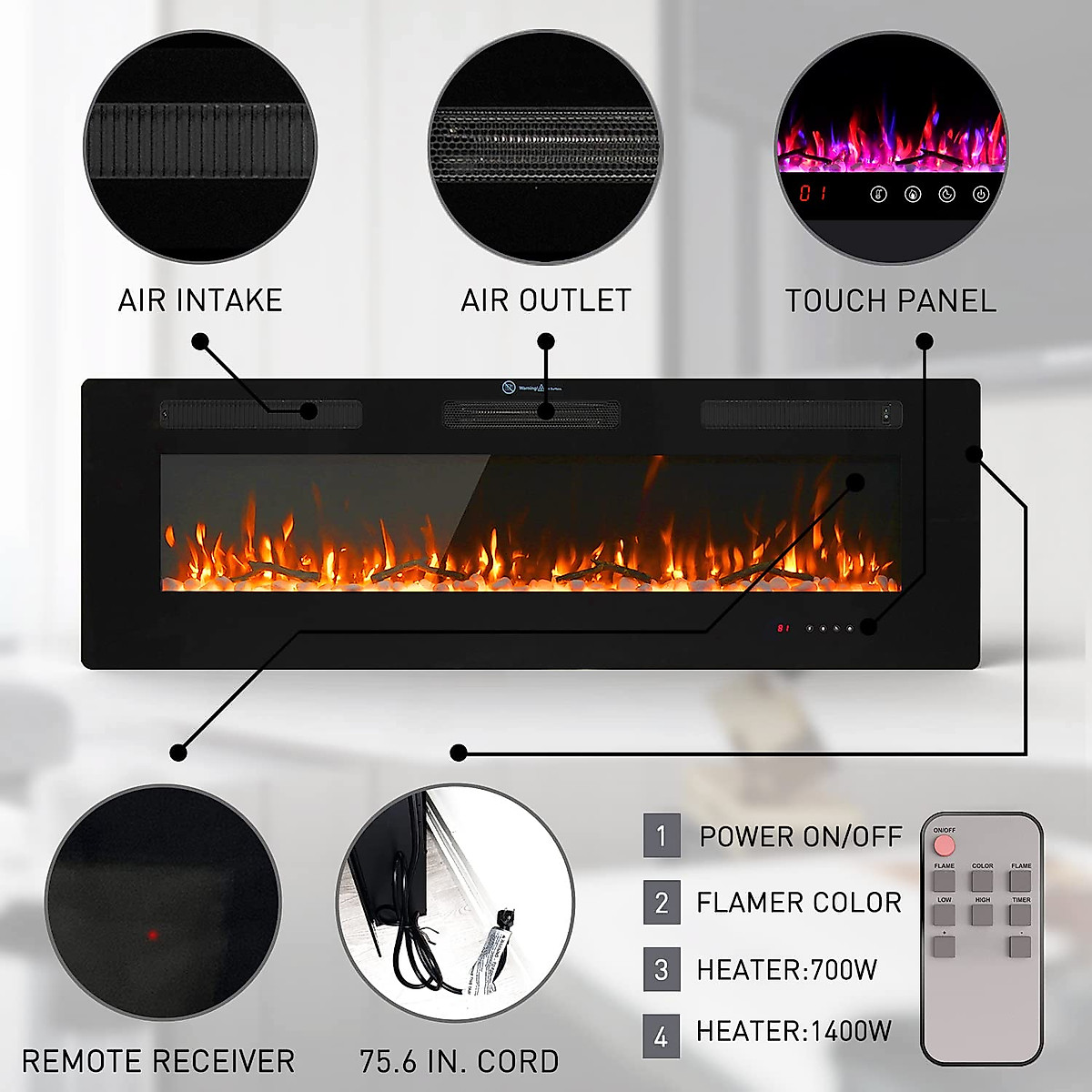 60" Electric Fireplace Recessed Ultra-Thin Insert, Wall Mounted and in-Wall Easy Installation with Remote Control, 700W/1400W, Low Noise (Fake Fire)