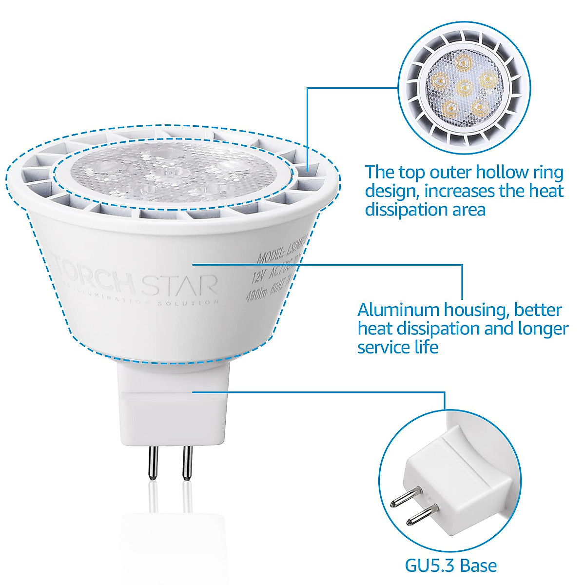 TORCHSTAR MR16 LED Bulb Dimmable, Aluminum, 12V 7W, GU5.3 Bi-Pin Base MR16 LED Spotlight, UL & ES Listed, LED MR16 Light Bulbs for Recessed Track Lighting, 3000K Warm White, Pack of 6